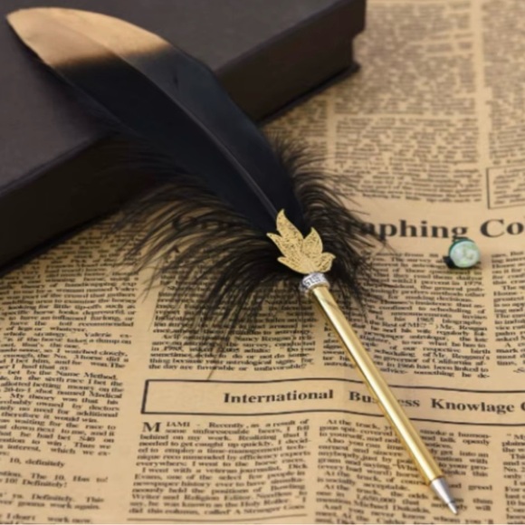Office | Elegant Black And Gold Feather Quill Ballpoint Pen | Poshmark